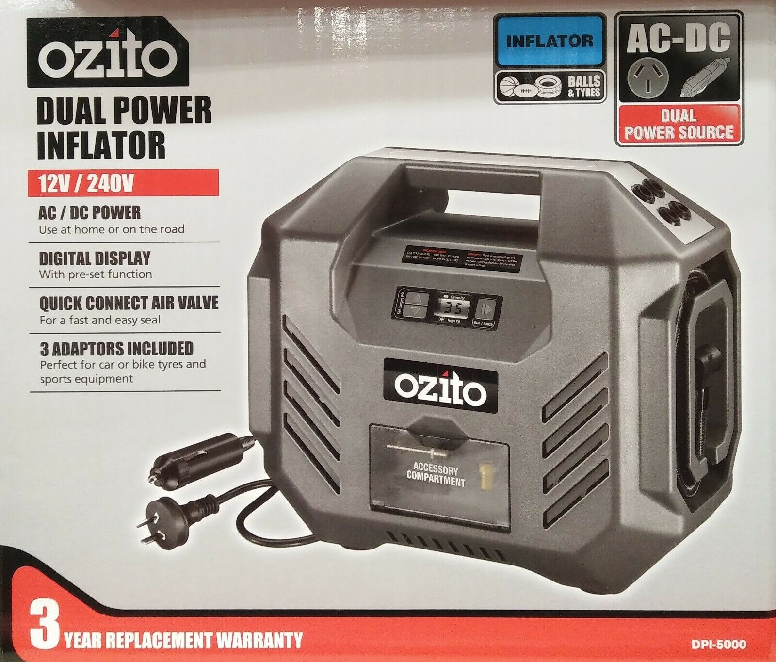 Ozito 12V DC/240V AC Dual Power Inflator Portable Air Compressor ...