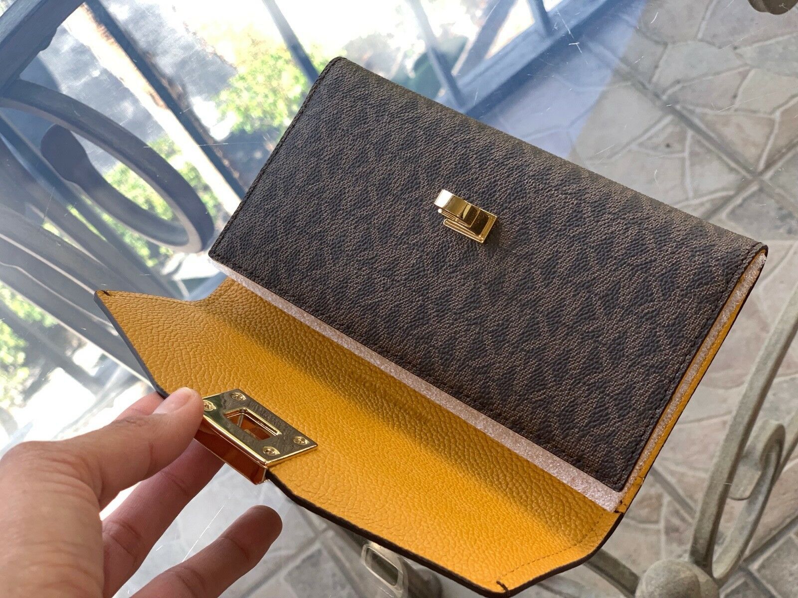 Michael Kors MK Logo PVC Cassie Trifold Wallet Brown Marigold ...